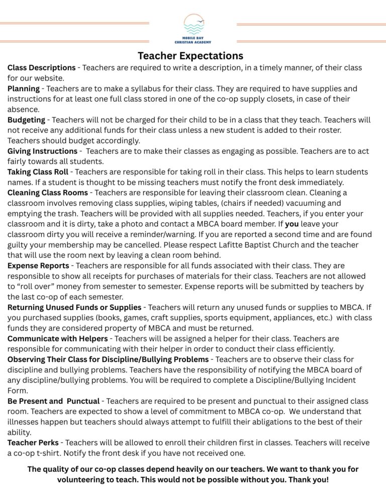 Teacher Expectations – Mobile Bay Christian Academy